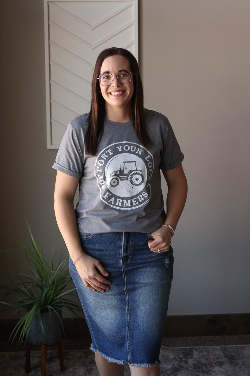 Grey “Support Your Local Farmer” Tee; S-2XL PLUS – Shop Iowa