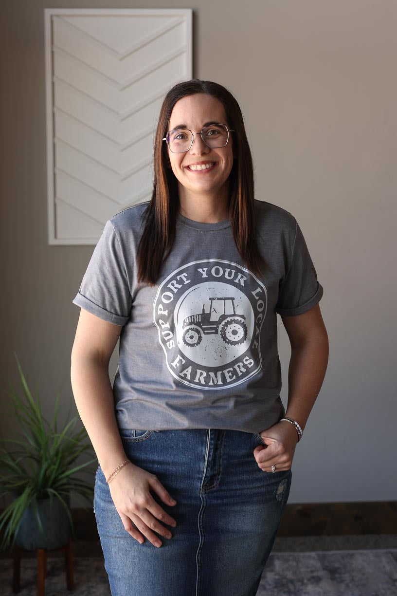 Grey “Support Your Local Farmer” Tee; S-2XL PLUS – Shop Iowa