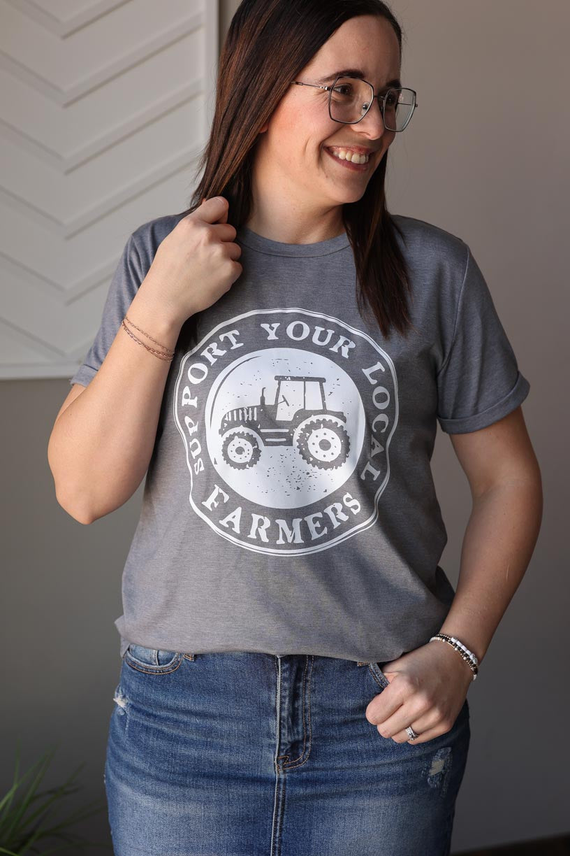 Grey “Support Your Local Farmer” Tee; S-2XL PLUS – Shop Iowa