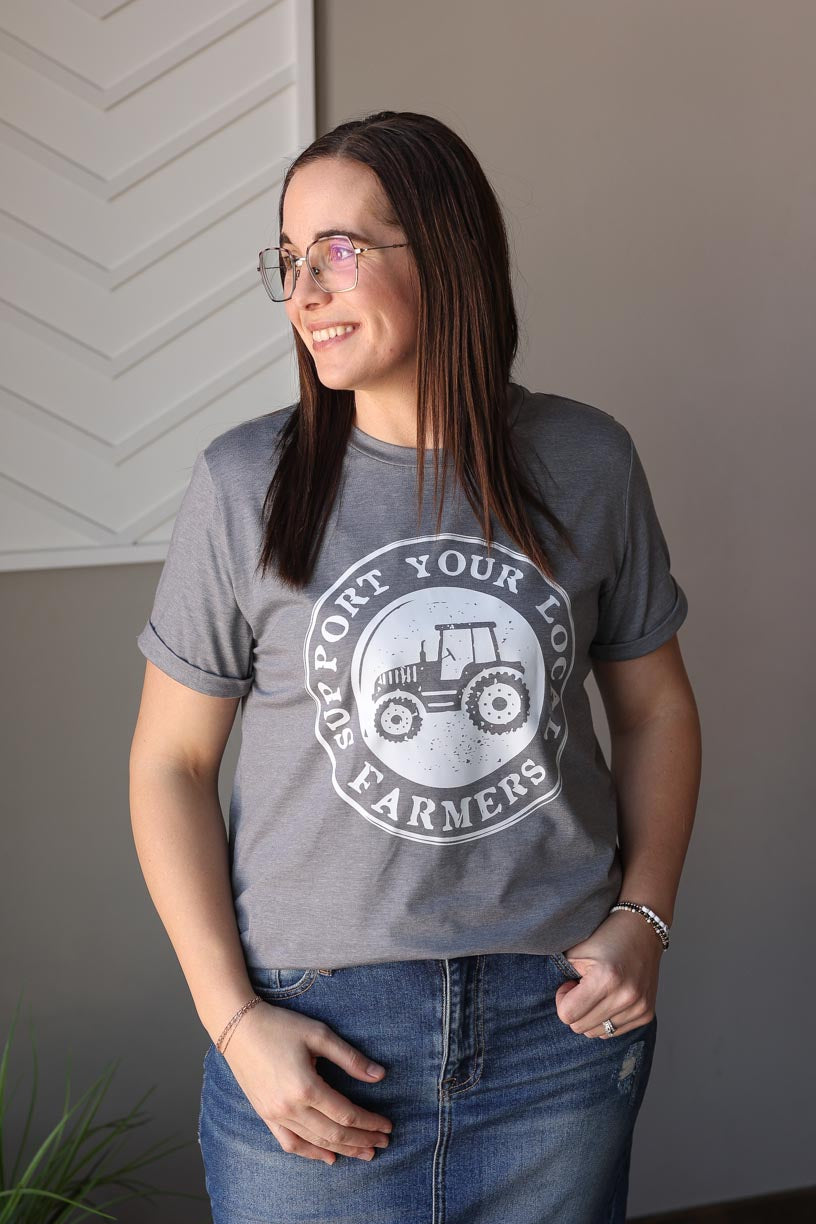 Grey “Support Your Local Farmer” Tee; S-2XL PLUS – Shop Iowa